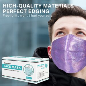 NiHealth 50PCS Stylish Disposable Face Masks for Adults - Breathable 3-Layer Non-Woven Fabric Coverings with Glamorous Glitter Sparkle Design (5 Iridescent Colors)