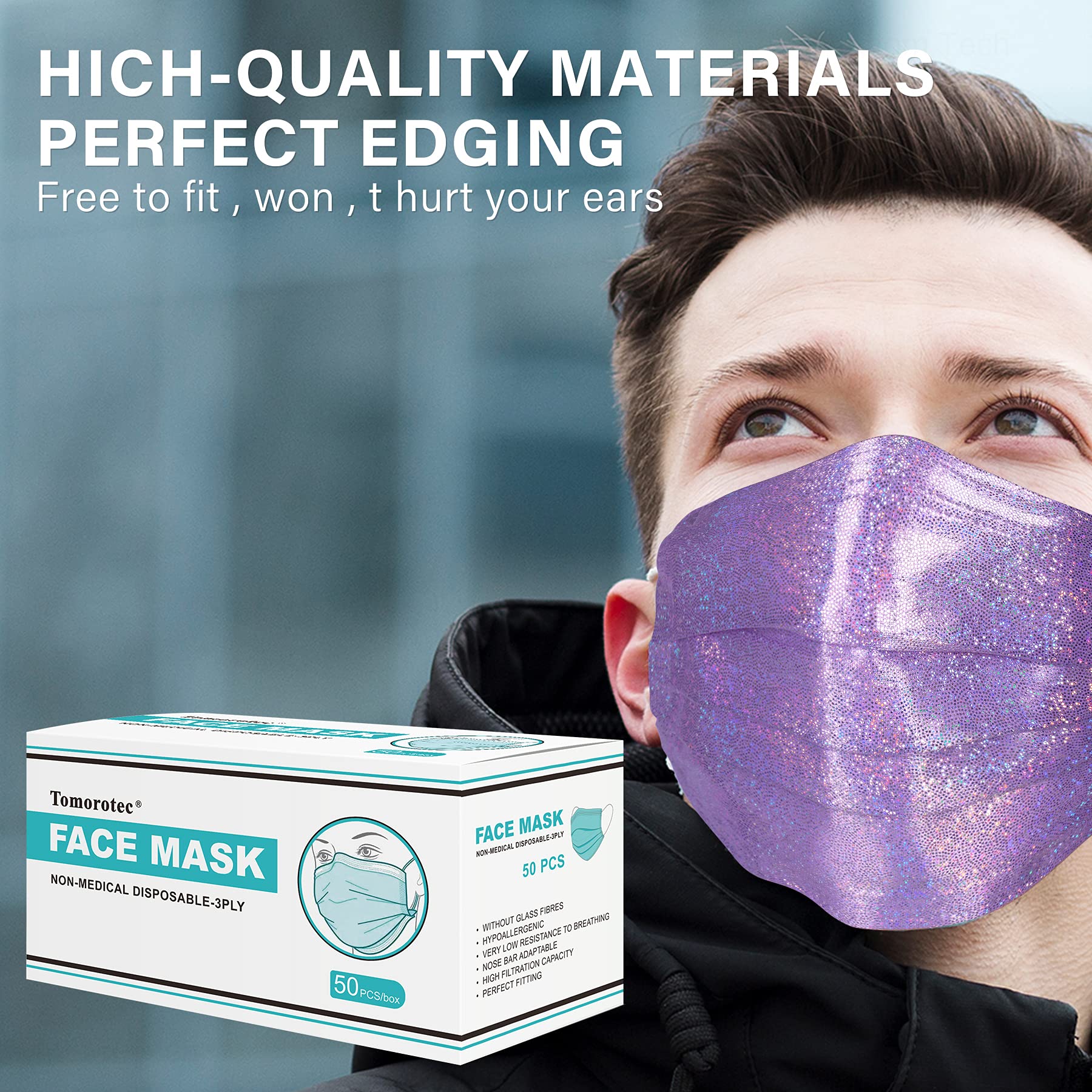 NiHealth 50PCS Stylish Disposable Face Masks for Adults - Breathable 3-Layer Non-Woven Fabric Coverings with Glamorous Glitter Sparkle Design (5 Iridescent Colors)