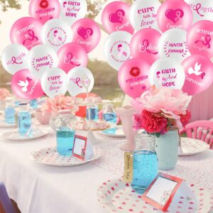 60 Pieces Breast Cancer Awareness Balloons Pink Ribbon Latex Balloons Round Party Printed Balloons with 2 Rolls Pink or White Ribbons for Pink Ribbon Party Decoration Supplies, 12 Inch, 10 Designs