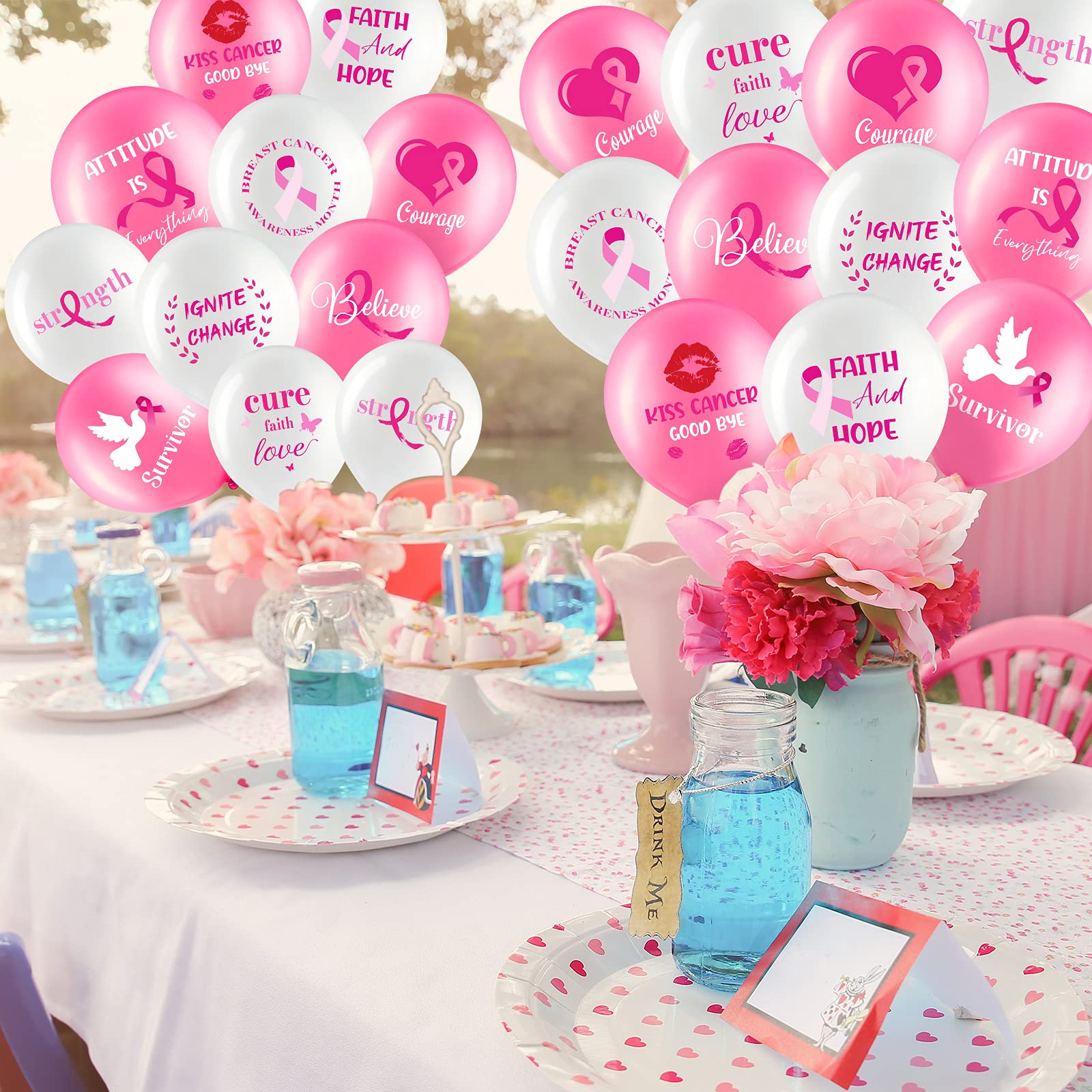 60 Pieces Breast Cancer Awareness Balloons Pink Ribbon Latex Balloons Round Party Printed Balloons with 2 Rolls Pink or White Ribbons for Pink Ribbon Party Decoration Supplies, 12 Inch, 10 Designs