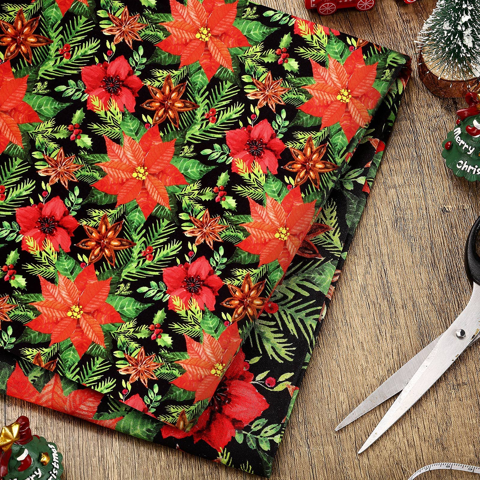 Christmas Fabric by The Yard Poinsettias Black Fabric Happy Holly Days Fabric 1 x 1 Yard Christmas Fabric Pre-Cut Fat Quarter Bulk Fabric for DIY Sewing Apparel Crafting Decor