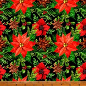 christmas fabric by the yard poinsettias black fabric happy holly days fabric 1 x 1 yard christmas fabric pre-cut fat quarter bulk fabric for diy sewing apparel crafting decor