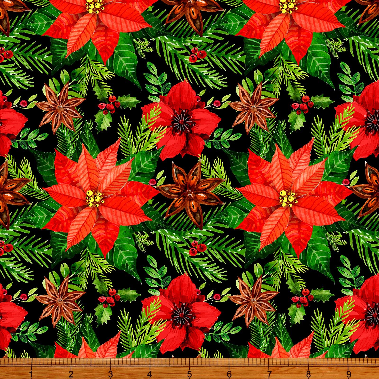 Christmas Fabric by The Yard Poinsettias Black Fabric Happy Holly Days Fabric 1 x 1 Yard Christmas Fabric Pre-Cut Fat Quarter Bulk Fabric for DIY Sewing Apparel Crafting Decor