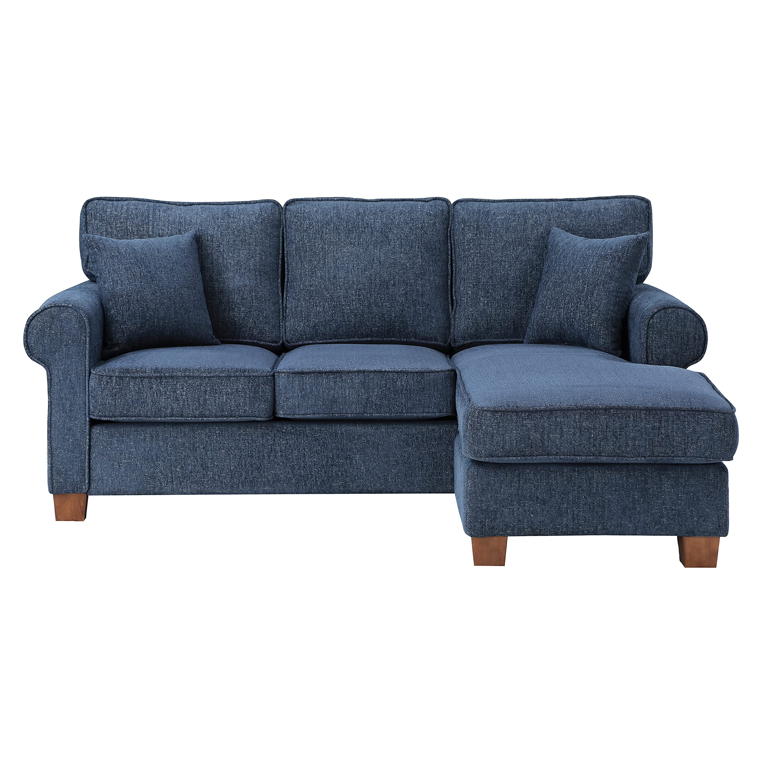 OSP Home Furnishings Rylee Reversible Rolled Arm Sectional Sofa with 2 Pillows and Coffee Finished Legs, Navy Fabric