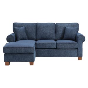 OSP Home Furnishings Rylee Reversible Rolled Arm Sectional Sofa with 2 Pillows and Coffee Finished Legs, Navy Fabric