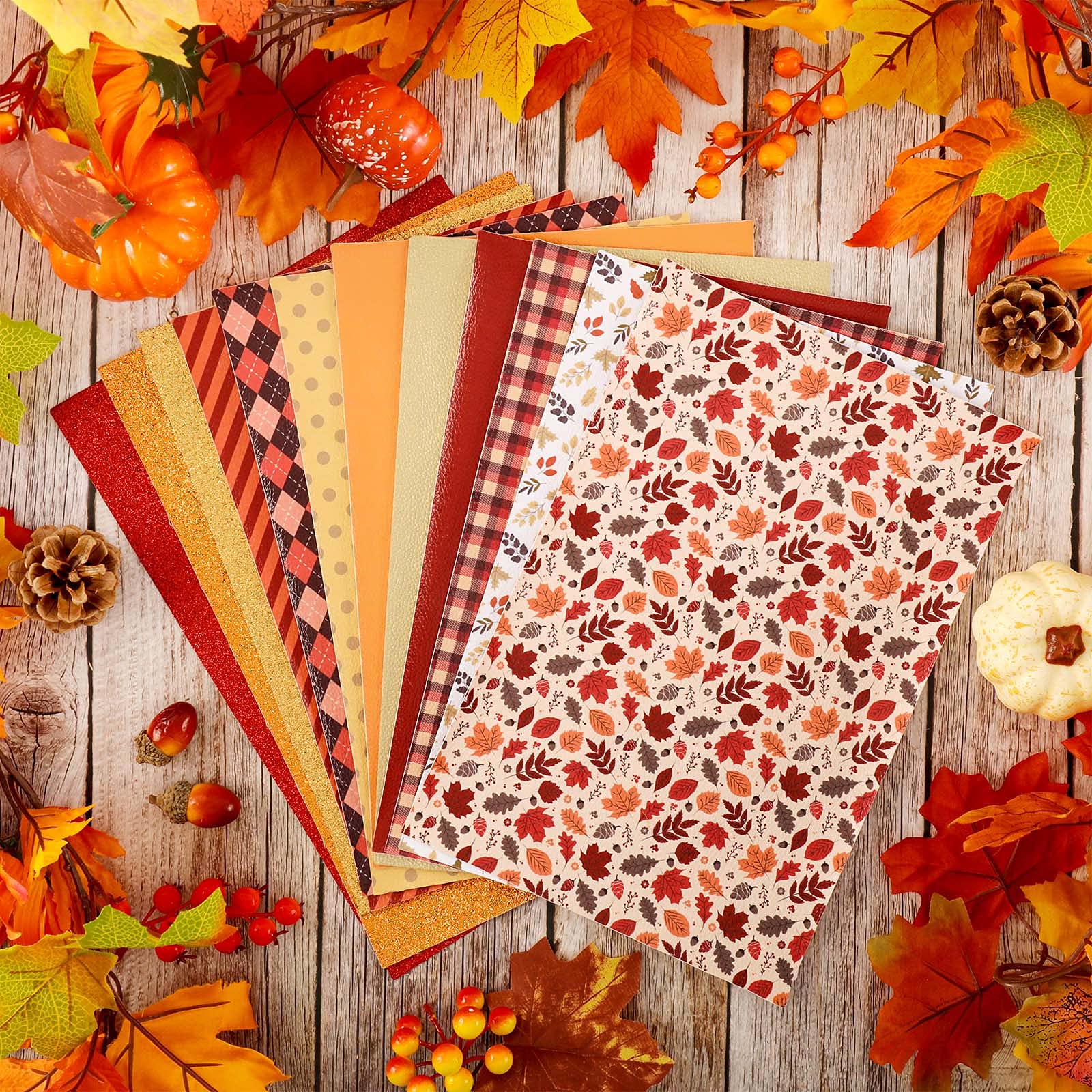 Whaline Fall Faux Leather Sheets 8 x 12 Inch Plaids Stripe Maple Leaves Synthetic Leather Fabric Glittery Orange Red Gold Faux Leather for Autumn Harvest Thanksgiving DIY Craft Earring Hair Bow, 12Pcs