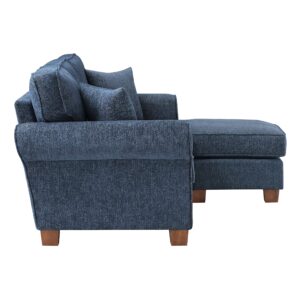 OSP Home Furnishings Rylee Reversible Rolled Arm Sectional Sofa with 2 Pillows and Coffee Finished Legs, Navy Fabric