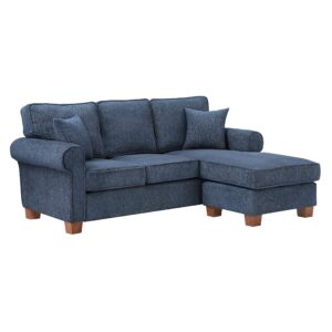 osp home furnishings rylee reversible rolled arm sectional sofa with 2 pillows and coffee finished legs, navy fabric