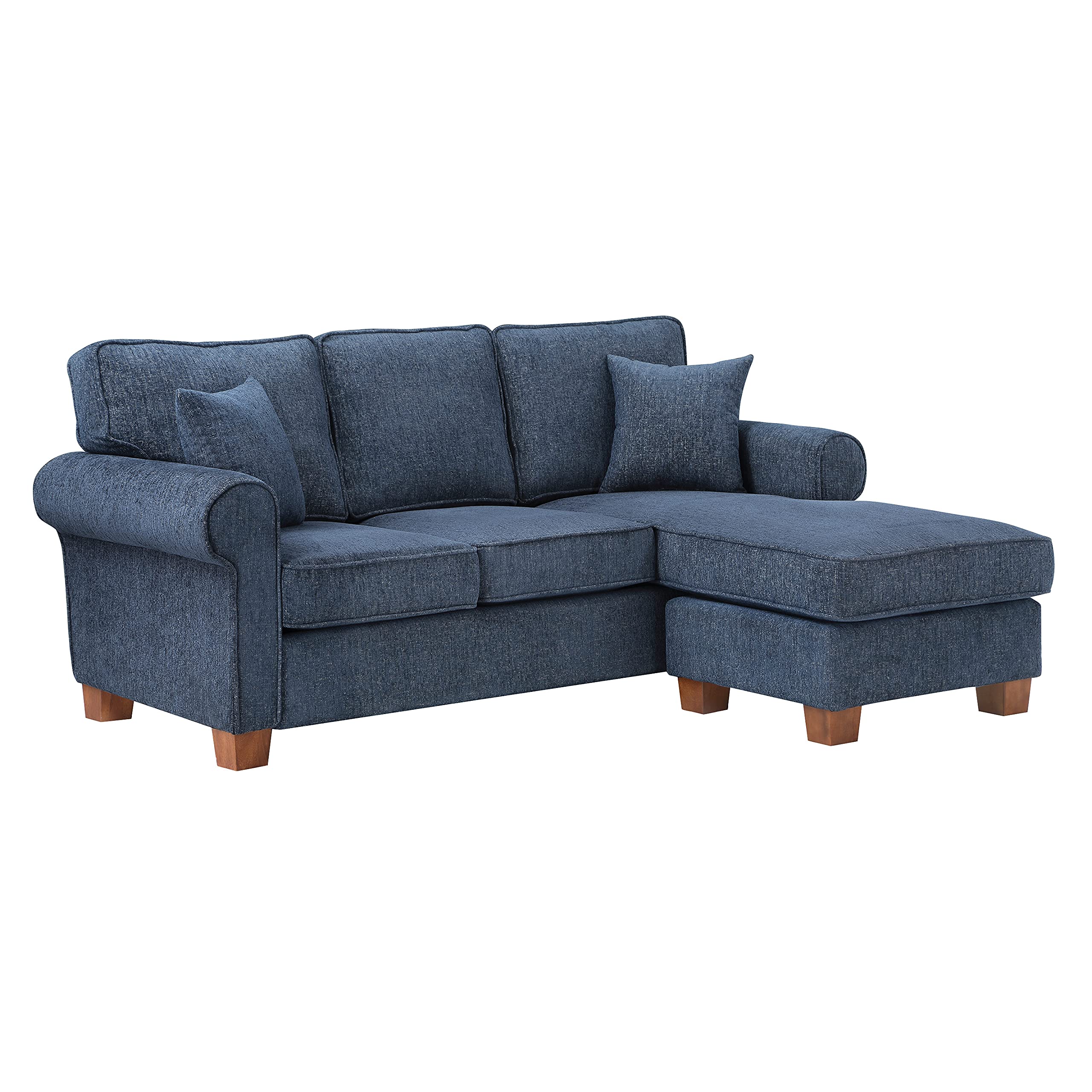 OSP Home Furnishings Rylee Reversible Rolled Arm Sectional Sofa with 2 Pillows and Coffee Finished Legs, Navy Fabric