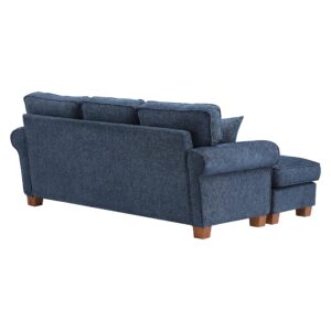 OSP Home Furnishings Rylee Reversible Rolled Arm Sectional Sofa with 2 Pillows and Coffee Finished Legs, Navy Fabric