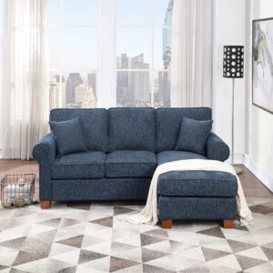 OSP Home Furnishings Rylee Reversible Rolled Arm Sectional Sofa with 2 Pillows and Coffee Finished Legs, Navy Fabric