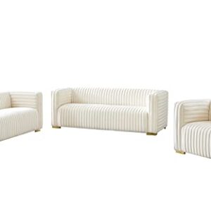 Meridian Furniture 640Cream-S Ravish Collection Modern | Contemporary Velvet Upholstered Sofa with Deep Channel Tufting + Both Gold & Chrome Legs Included