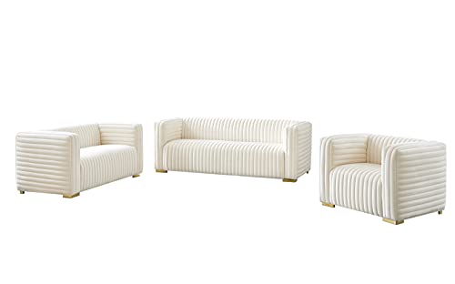 Meridian Furniture 640Cream-S Ravish Collection Modern | Contemporary Velvet Upholstered Sofa with Deep Channel Tufting + Both Gold & Chrome Legs Included