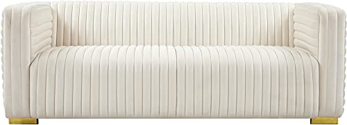 Meridian Furniture 640Cream-S Ravish Collection Modern | Contemporary Velvet Upholstered Sofa with Deep Channel Tufting + Both Gold & Chrome Legs Included