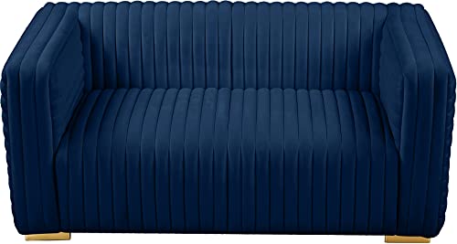 Meridian Furniture 640Navy-L Ravish Collection Modern | Contemporary Velvet Upholstered Loveseat with Deep Channel Tufting + Both Gold & Chrome Legs Included