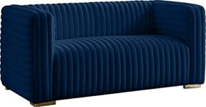 meridian furniture 640navy-l ravish collection modern | contemporary velvet upholstered loveseat with deep channel tufting + both gold & chrome legs included