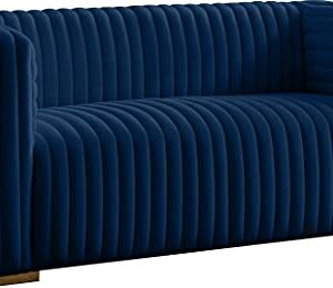 Meridian Furniture 640Navy-L Ravish Collection Modern | Contemporary Velvet Upholstered Loveseat with Deep Channel Tufting + Both Gold & Chrome Legs Included