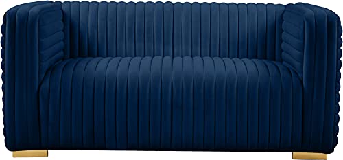 Meridian Furniture 640Navy-L Ravish Collection Modern | Contemporary Velvet Upholstered Loveseat with Deep Channel Tufting + Both Gold & Chrome Legs Included