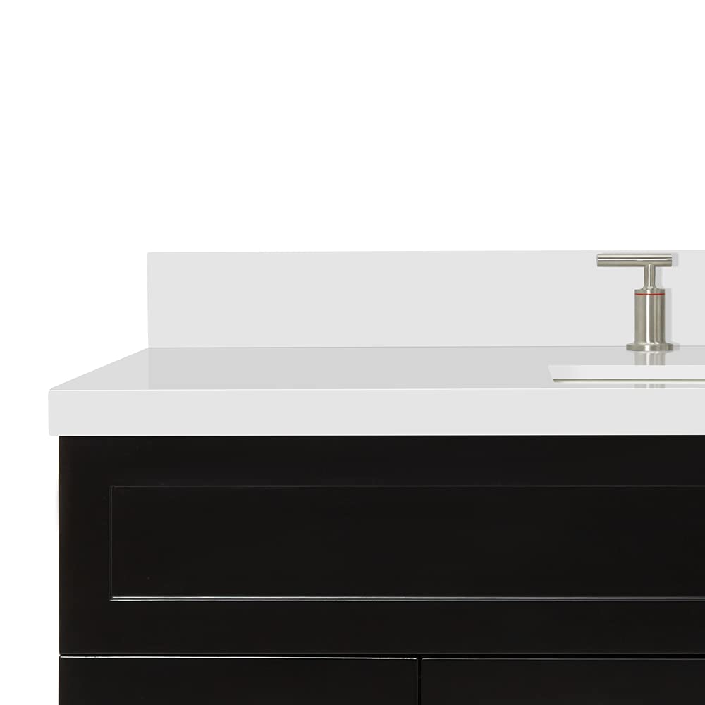 ARIEL 55" Inch Bathroom Vanity in White with 1.5" Inch Thick Edge White Quartz Countertop, 2 Soft Closing Doors & 4 Full Extension Dovetail Drawers, Built in Toe Kick, Satin Nickel, No Mirror (Black)