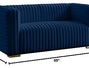 Meridian Furniture 640Navy-L Ravish Collection Modern | Contemporary Velvet Upholstered Loveseat with Deep Channel Tufting + Both Gold & Chrome Legs Included