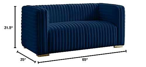 Meridian Furniture 640Navy-L Ravish Collection Modern | Contemporary Velvet Upholstered Loveseat with Deep Channel Tufting + Both Gold & Chrome Legs Included