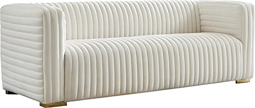 Meridian Furniture 640Cream-S Ravish Collection Modern | Contemporary Velvet Upholstered Sofa with Deep Channel Tufting + Both Gold & Chrome Legs Included