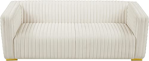 Meridian Furniture 640Cream-S Ravish Collection Modern | Contemporary Velvet Upholstered Sofa with Deep Channel Tufting + Both Gold & Chrome Legs Included