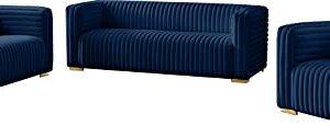 Meridian Furniture 640Navy-L Ravish Collection Modern | Contemporary Velvet Upholstered Loveseat with Deep Channel Tufting + Both Gold & Chrome Legs Included