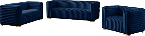 Meridian Furniture 640Navy-L Ravish Collection Modern | Contemporary Velvet Upholstered Loveseat with Deep Channel Tufting + Both Gold & Chrome Legs Included