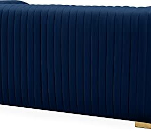 Meridian Furniture 640Navy-L Ravish Collection Modern | Contemporary Velvet Upholstered Loveseat with Deep Channel Tufting + Both Gold & Chrome Legs Included