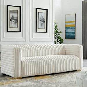 Meridian Furniture 640Cream-S Ravish Collection Modern | Contemporary Velvet Upholstered Sofa with Deep Channel Tufting + Both Gold & Chrome Legs Included