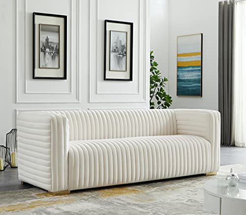 Meridian Furniture 640Cream-S Ravish Collection Modern | Contemporary Velvet Upholstered Sofa with Deep Channel Tufting + Both Gold & Chrome Legs Included