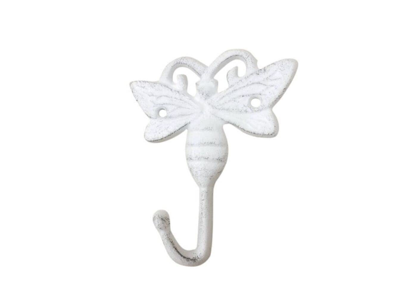 Handcrafted Nautical Decor Whitewashed Cast Iron Bee Decorative Metal Wall Hook 5"