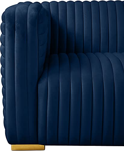 Meridian Furniture 640Navy-L Ravish Collection Modern | Contemporary Velvet Upholstered Loveseat with Deep Channel Tufting + Both Gold & Chrome Legs Included