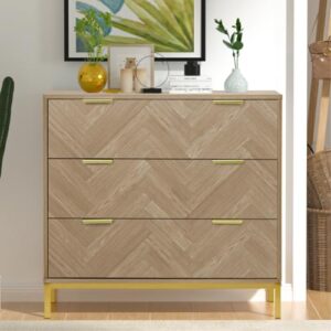 anmytek modern 3 drawer chest dresser, mid century natural oak organizer bedroom furniture with gold metal legs h0037