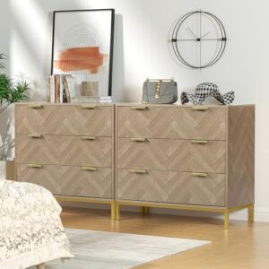 Anmytek Modern 3 Drawer Chest Dresser, Mid Century Natural Oak Organizer Bedroom Furniture with Gold Metal Legs H0037