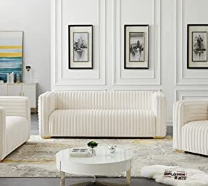 Meridian Furniture 640Cream-S Ravish Collection Modern | Contemporary Velvet Upholstered Sofa with Deep Channel Tufting + Both Gold & Chrome Legs Included