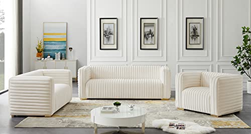 Meridian Furniture 640Cream-S Ravish Collection Modern | Contemporary Velvet Upholstered Sofa with Deep Channel Tufting + Both Gold & Chrome Legs Included