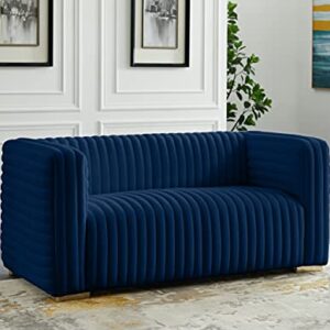 Meridian Furniture 640Navy-L Ravish Collection Modern | Contemporary Velvet Upholstered Loveseat with Deep Channel Tufting + Both Gold & Chrome Legs Included