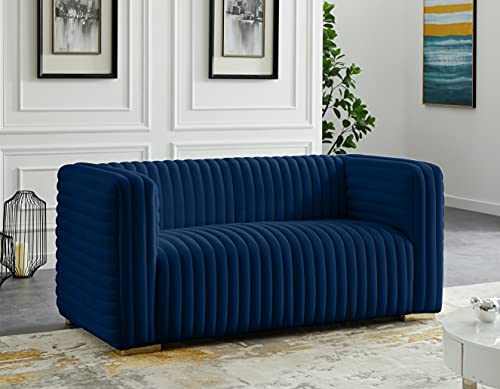 Meridian Furniture 640Navy-L Ravish Collection Modern | Contemporary Velvet Upholstered Loveseat with Deep Channel Tufting + Both Gold & Chrome Legs Included