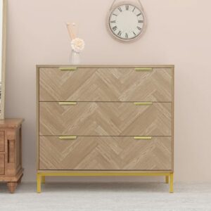 Anmytek Modern 3 Drawer Chest Dresser, Mid Century Natural Oak Organizer Bedroom Furniture with Gold Metal Legs H0037