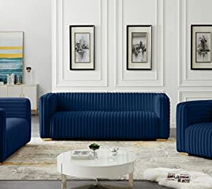 Meridian Furniture 640Navy-L Ravish Collection Modern | Contemporary Velvet Upholstered Loveseat with Deep Channel Tufting + Both Gold & Chrome Legs Included