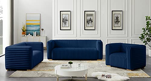 Meridian Furniture 640Navy-L Ravish Collection Modern | Contemporary Velvet Upholstered Loveseat with Deep Channel Tufting + Both Gold & Chrome Legs Included