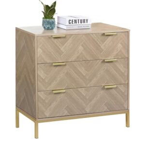 Anmytek Modern 3 Drawer Chest Dresser, Mid Century Natural Oak Organizer Bedroom Furniture with Gold Metal Legs H0037