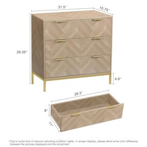 Anmytek Modern 3 Drawer Chest Dresser, Mid Century Natural Oak Organizer Bedroom Furniture with Gold Metal Legs H0037