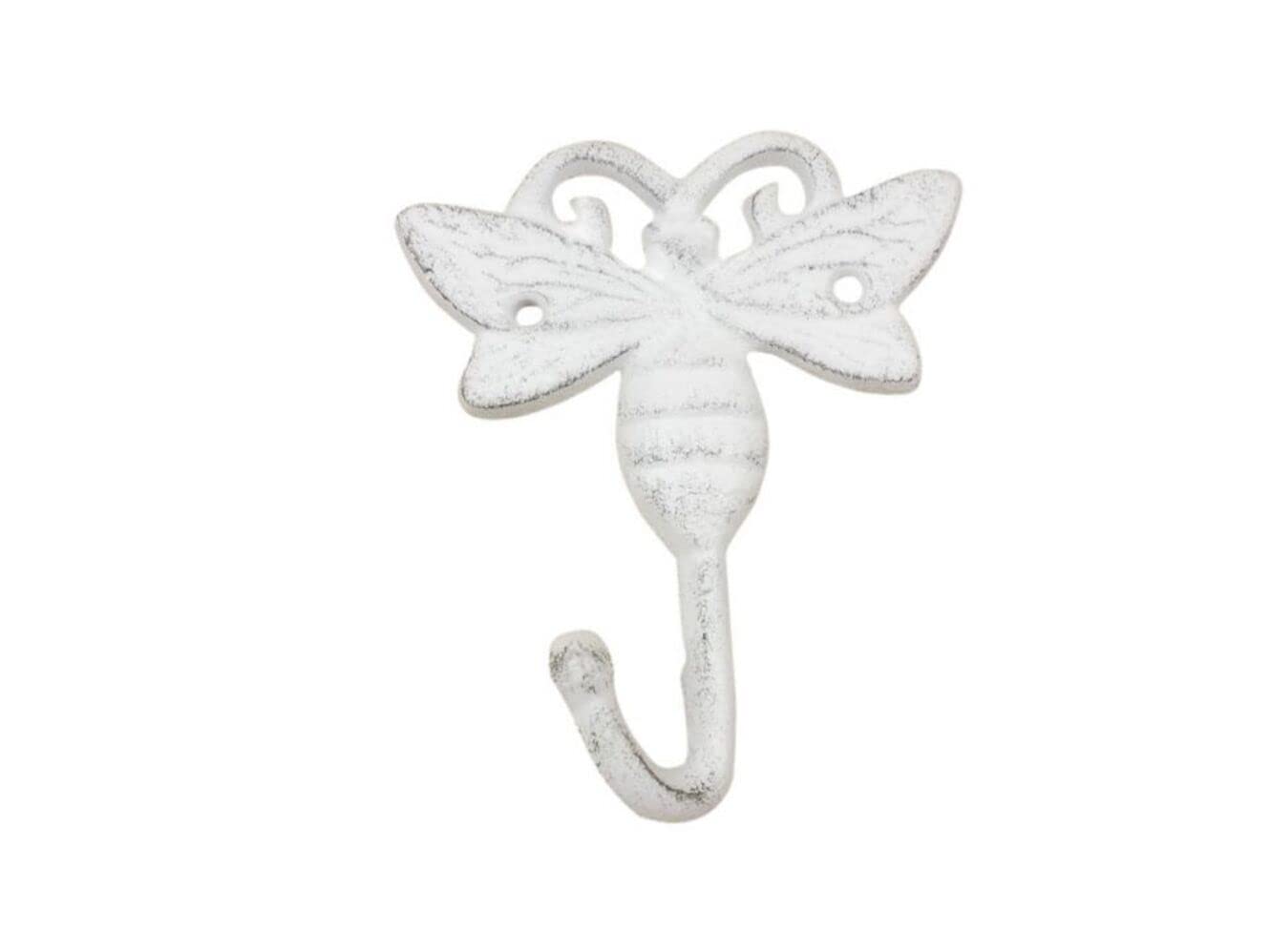 Handcrafted Nautical Decor Whitewashed Cast Iron Bee Decorative Metal Wall Hook 5"