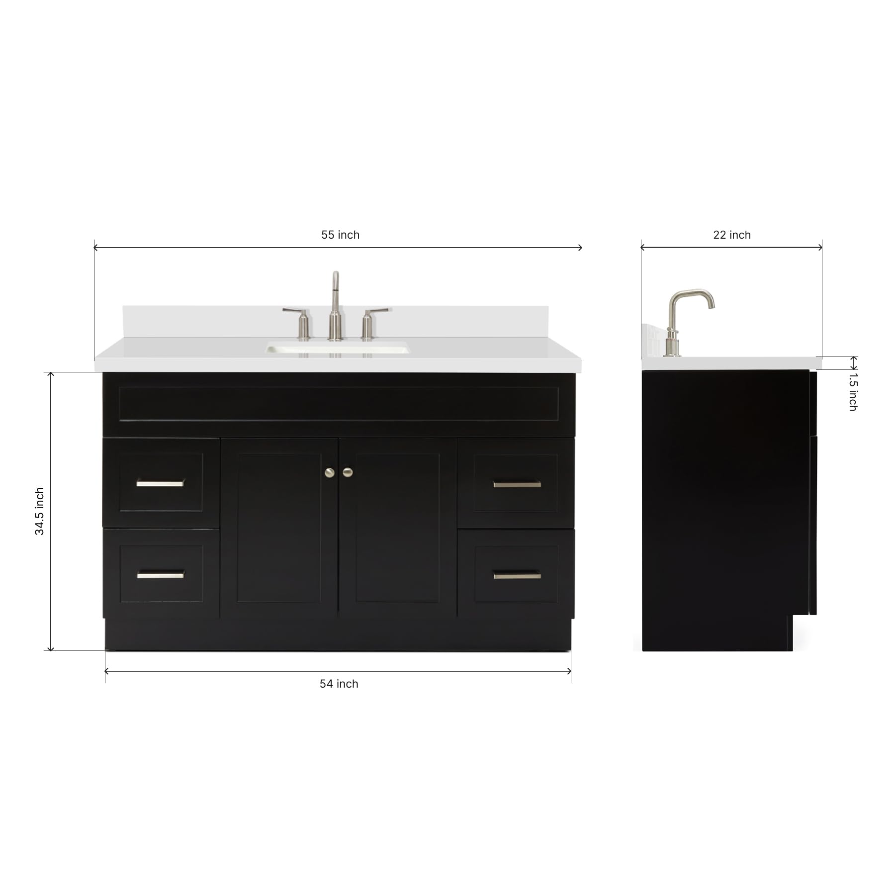 ARIEL 55" Inch Bathroom Vanity in White with 1.5" Inch Thick Edge White Quartz Countertop, 2 Soft Closing Doors & 4 Full Extension Dovetail Drawers, Built in Toe Kick, Satin Nickel, No Mirror (Black)