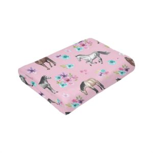 Knsoiv Fashion Flannel Plush Throw Blanket, Horses Flowers Pink Pattern Little Girls Room Watercolor Throw for All Seasons, Warm Air Conditioning Blanket 60"X50"