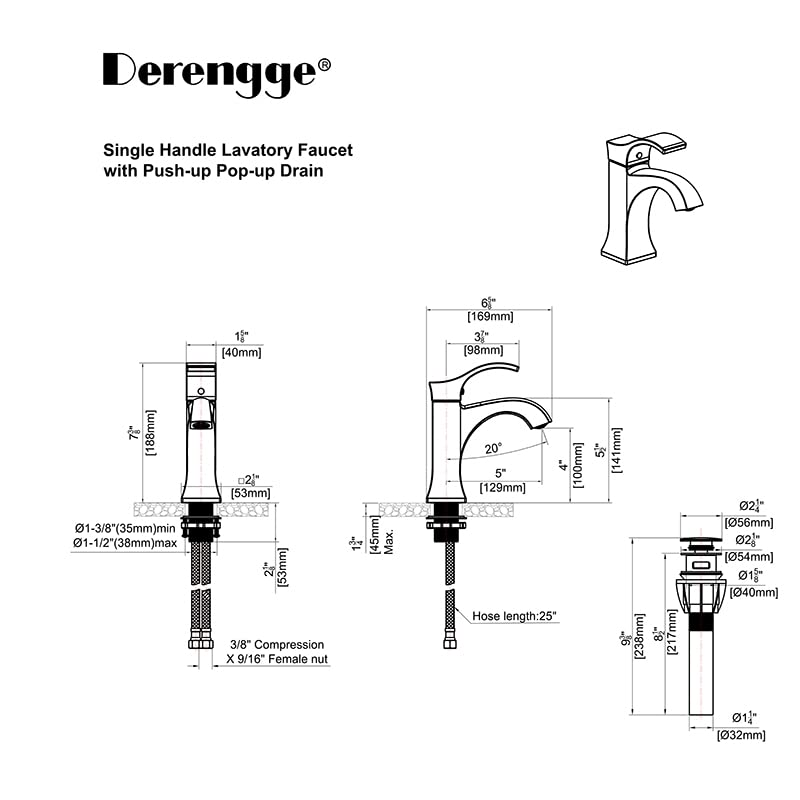 Derengge SF-S0048-MT Single Handle Bathroom Sink Faucet, Single Hole Lavatory Faucet with Pop Up Drain & Water Supply Hoses, Meets cUPC NSF 61-9 AB1953, Matte Black Finished