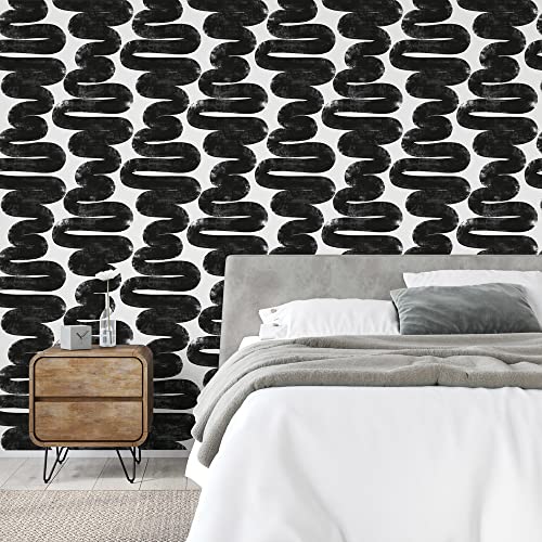 Tempaper x Bobby Berk White & Black Wiggle Room Removable Peel and Stick Wallpaper, 20.5 in X 16.5 ft, Made in The USA